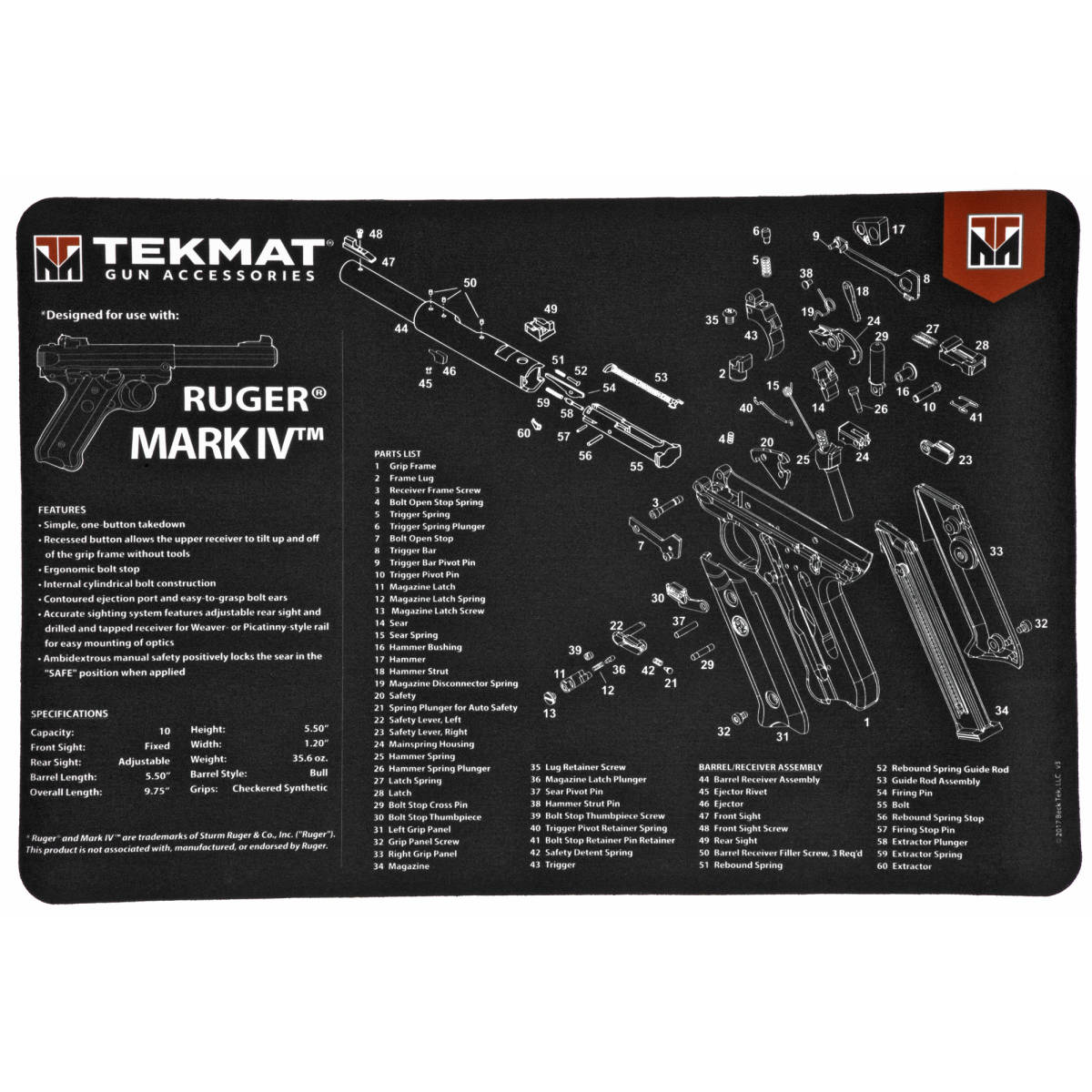 TekMat TEKR17RUGERMK4 Ruger Mark IV Cleaning Mat Black/White Rubber ...