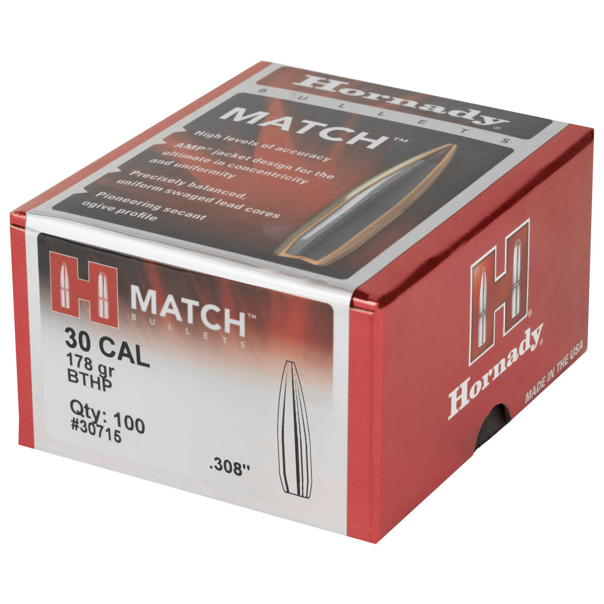 Hornady 30715 Match 30 Cal .308 178 gr Hollow Point Boat Tail 100 Per ...