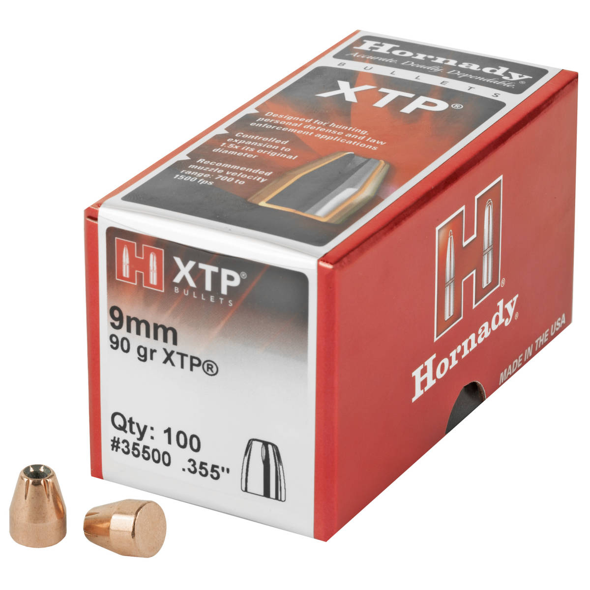 Hornady 9mm Caliber 90 Grain XTP Hollow Point Bullets 100 CT Box #3550 ...