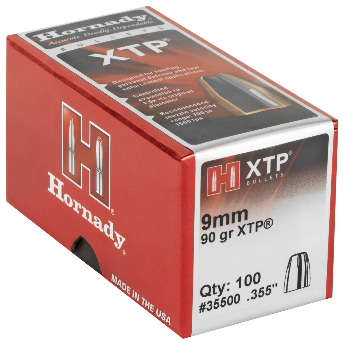 Hornady 9mm Caliber 90 Grain XTP Hollow Point Bullets 100 CT Box #3550 ...
